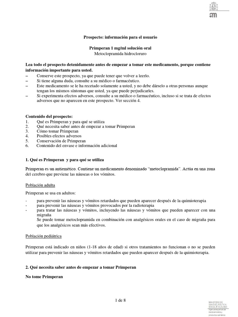 Prospecto Primperan Jarabe | PDF | Medicamentos con receta | Efecto adverso