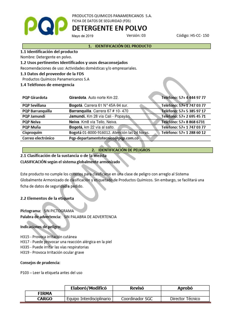 FDS Detergente en Polvo PQP Profesional | PDF | Agua
