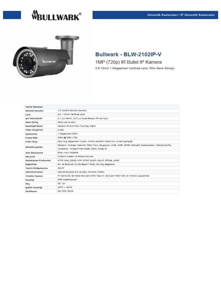Bullwark BLW 2102IP V IP HD Bullet Kamera PDF Dosyası | PDF