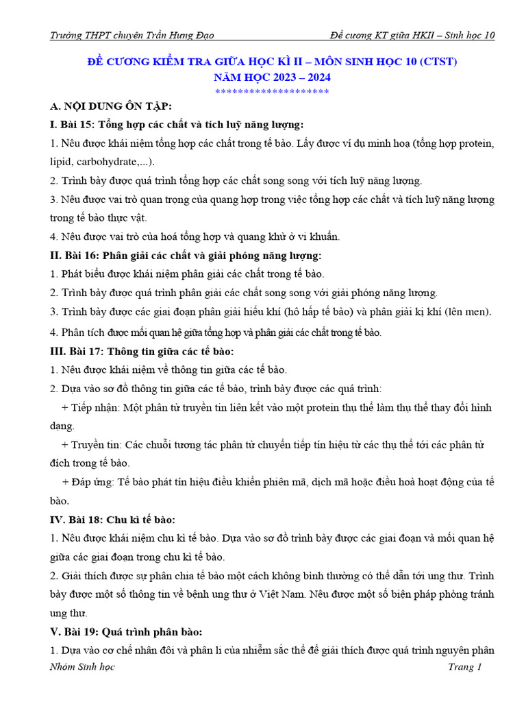 ĐỀ CƯƠNG KT GIỮA HKII SINH 10 23 24. HS | PDF