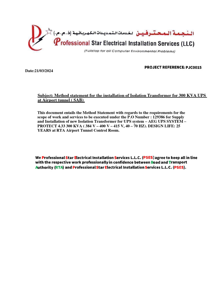 METHOD STATEMENT - RTA Edited | PDF | Transformer | Electrical Components