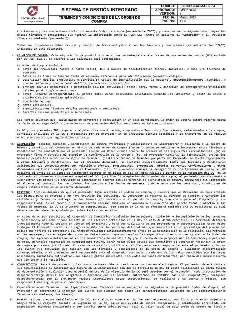 ESTR-SGI-ADM-DR-004. Términos y Condiciones de Orden de Compra. | PDF ...
