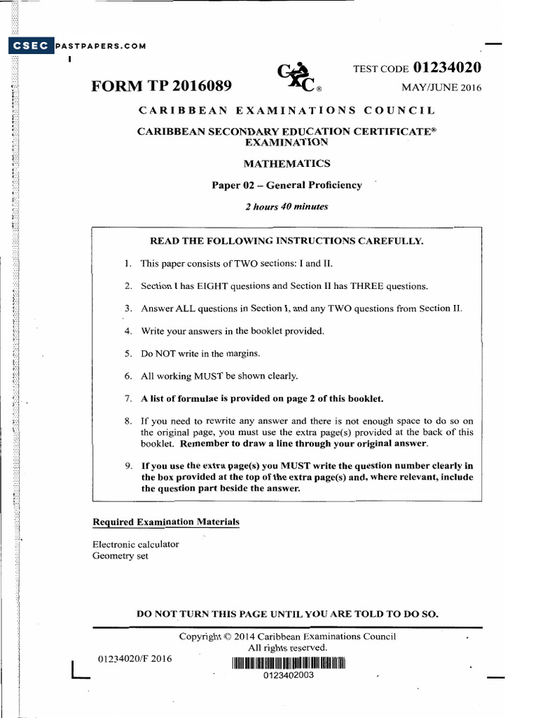 Csec Maths June 2016 Paper 2 Pdf