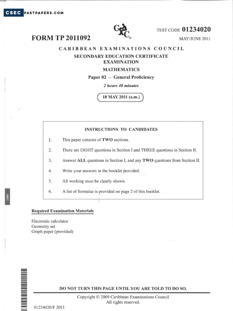 CSEC Maths June 2011 Paper 2 | PDF