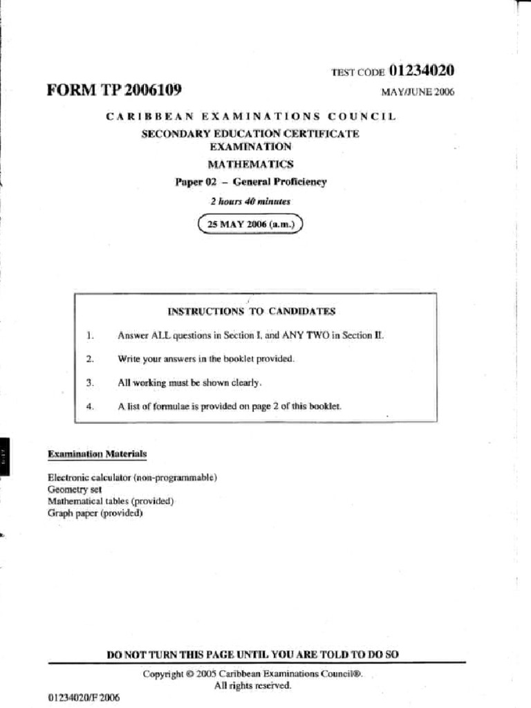 CSEC Maths June 2006 Paper 2 | PDF