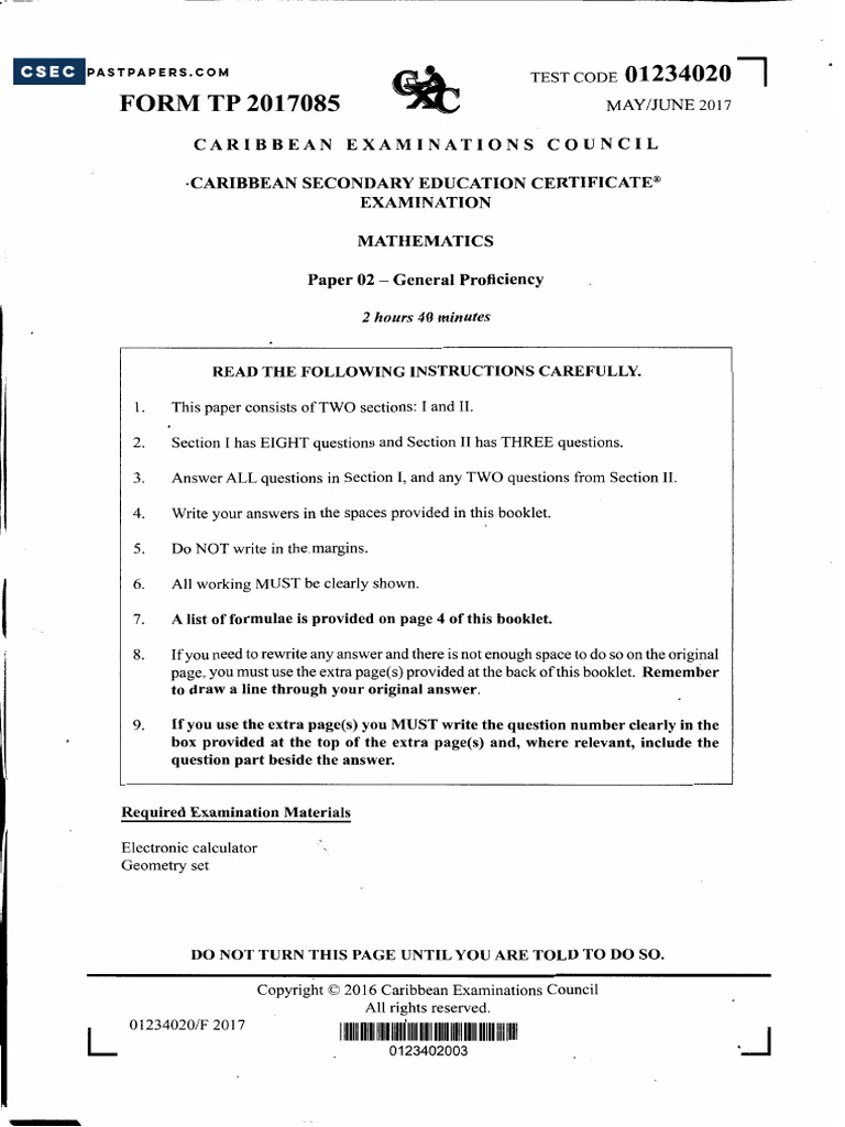 CSEC Maths June 2017 Paper 2 | PDF