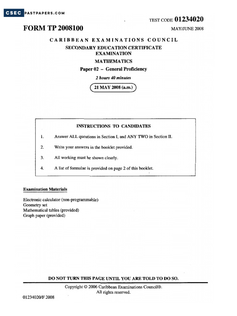 CSEC Maths June 2008 Paper 2 | PDF