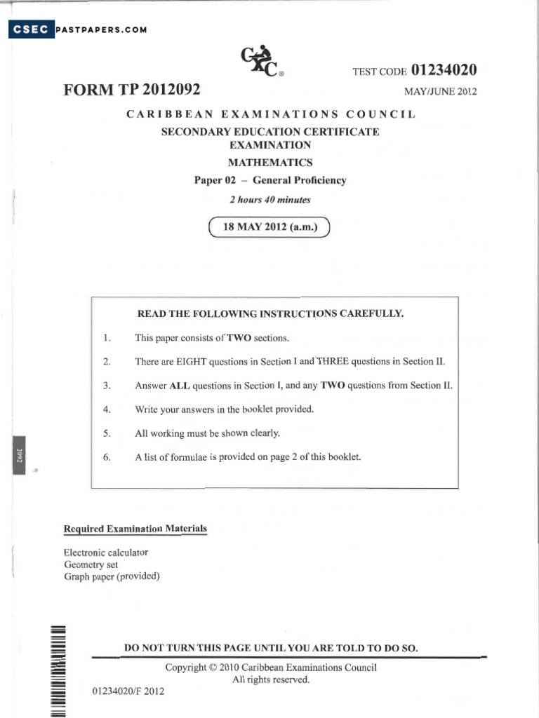 CSEC Maths June 2012 Paper 2 | PDF