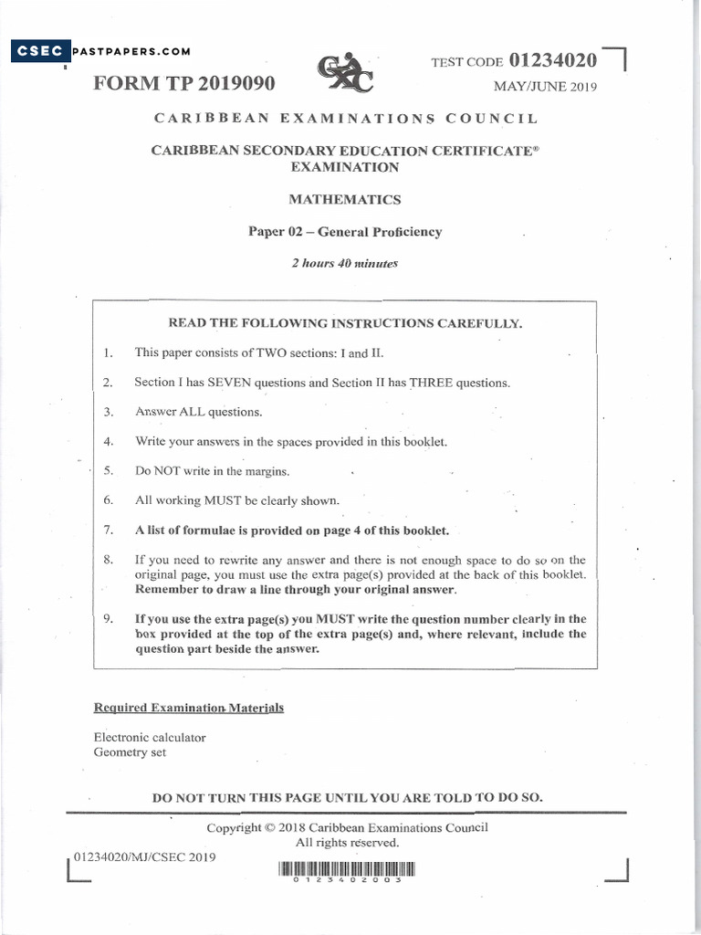 CSEC Maths June 2019 Paper 2 | PDF