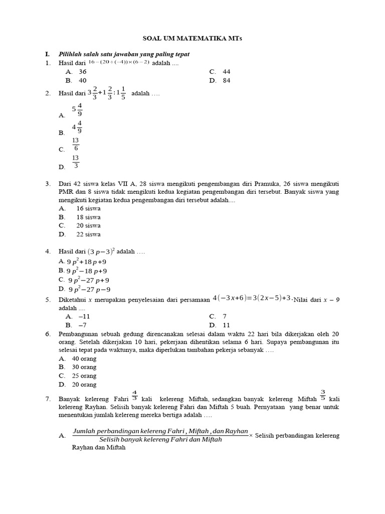 SOAL UM MATEMATIKA MTs | PDF