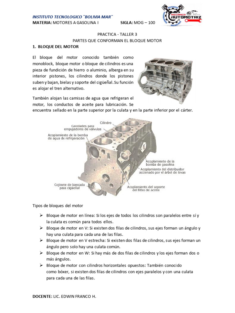P. Taller 3 - Partes Que Conforman El Block de Motor | PDF | Pistón ...