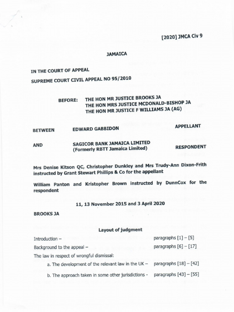 Gabbidon V Sagicor Bank Ja LTD (2020) JMCA Civ 9 | PDF