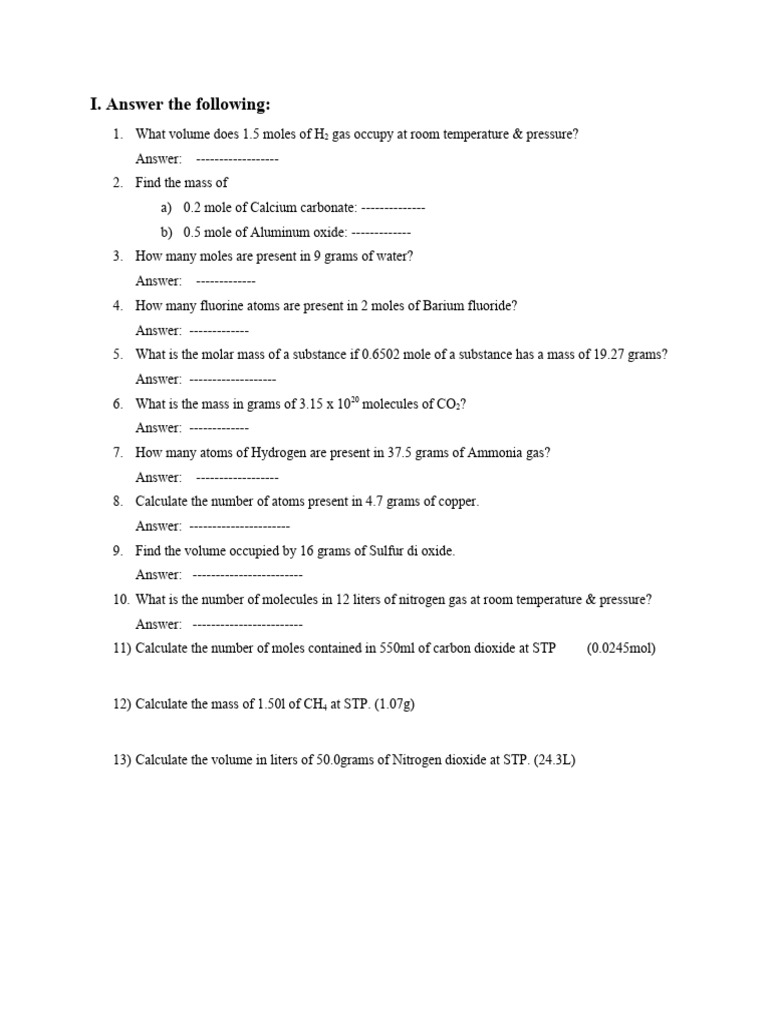 Mole Concept - Worksheet - 3 | PDF | Teaching Methods & Materials ...