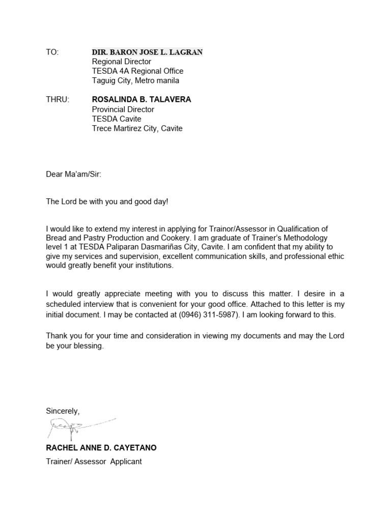 Tesda Letter of Intent Assessor | PDF