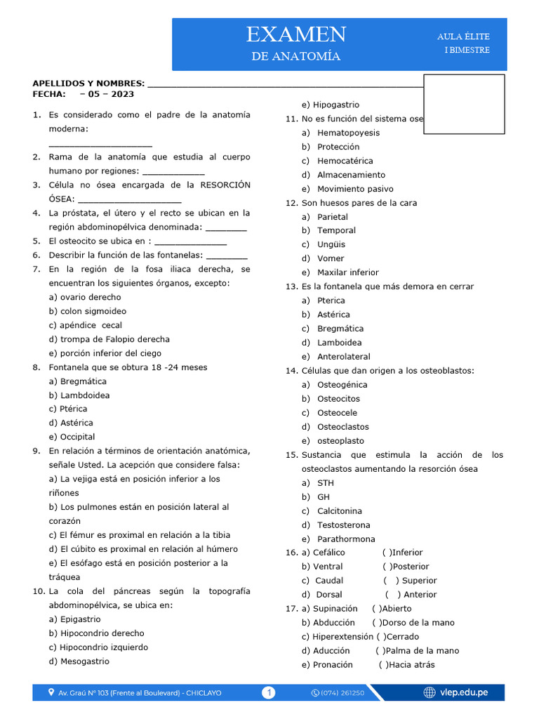 EXAMEN I BIMESTRE ANATOMÍA-AULA 4TO | PDF | Hueso | Anatomía