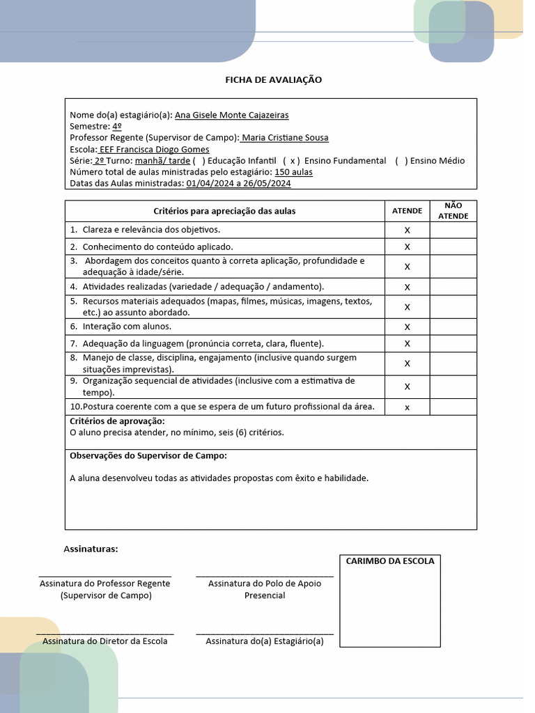 Ficha de Avaliaçao | PDF