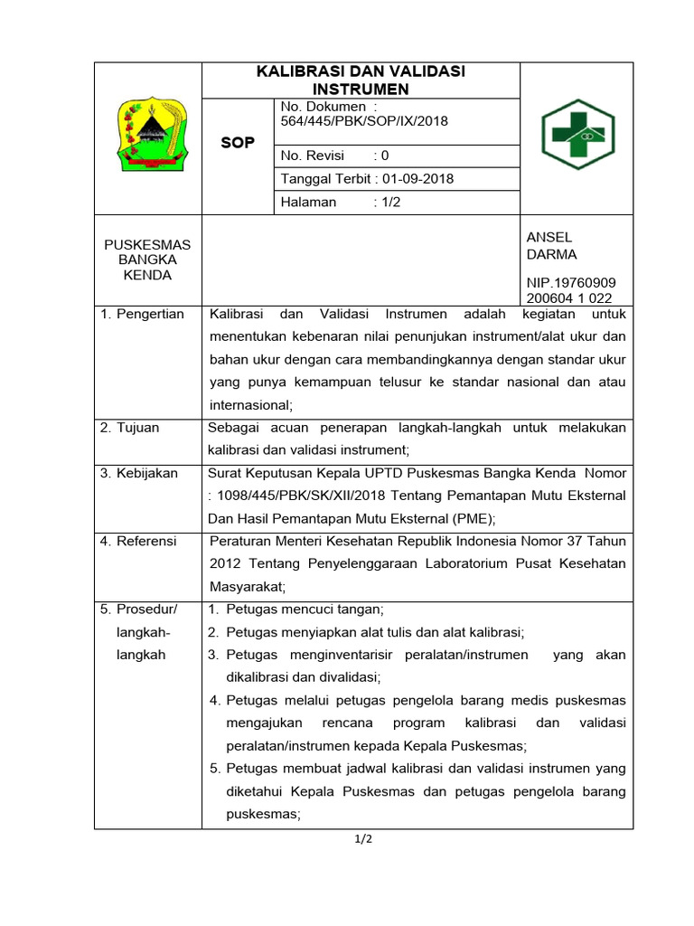 Sop Kalibrasi Dan Validasi Instrumen | PDF