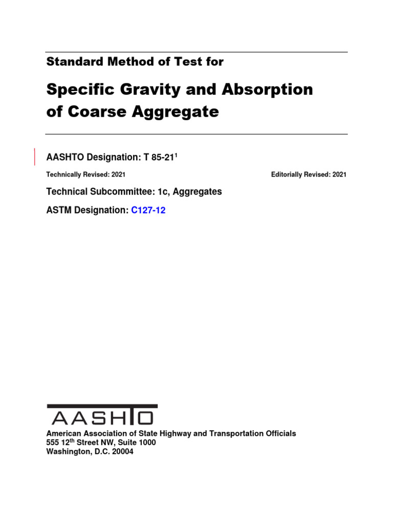 AASHTO T85 (2021) - Specific Gravity and Absorption of Coarse Aggregate ...