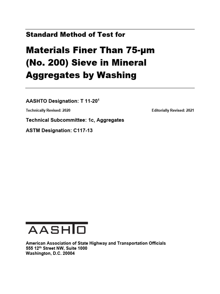 AASHTO T11 (2020) - Materials Finer Than 75um (No. 200) Sieve in ...