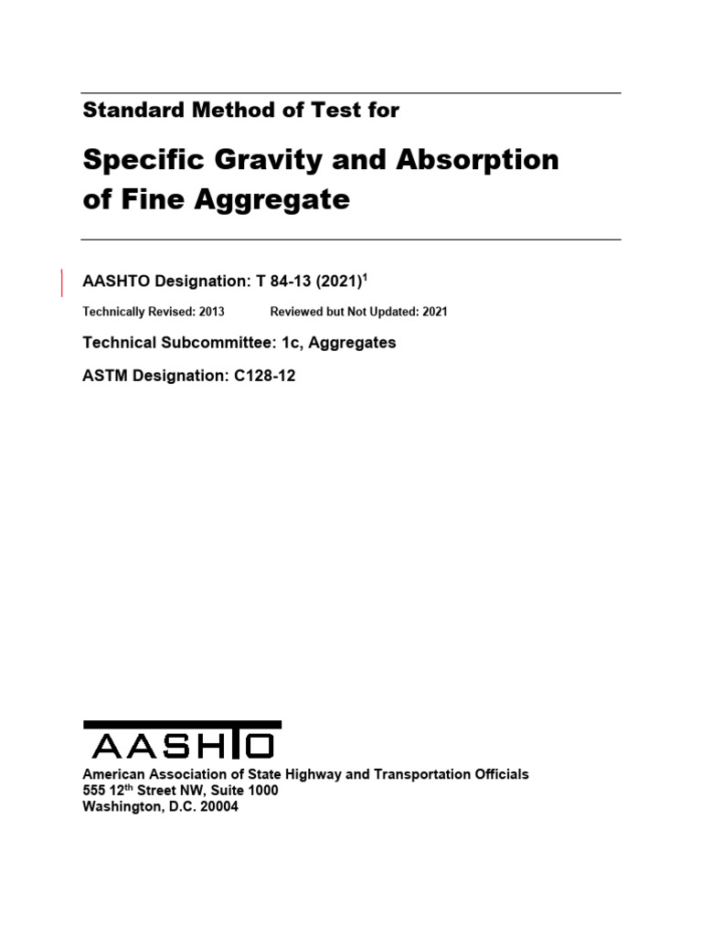 AASHTO T84 (2021) - Test For Specific Gravity and Absorption of Fine ...
