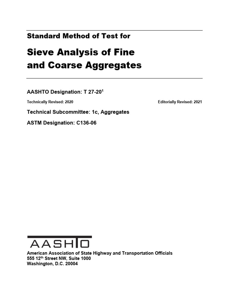 AASHTO T27 (2020) - Sieve Analysis of Fine and Coarse Aggregates | PDF ...
