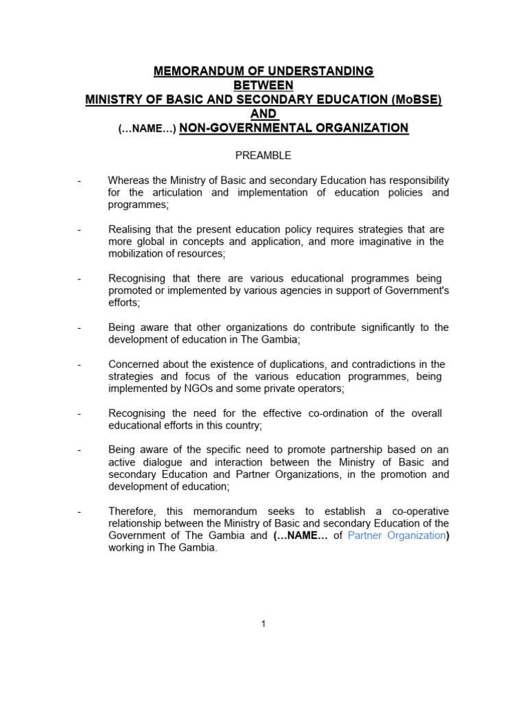 MEMORANDUM OF UNDERSTANDING BETWEEN MoBSE AND NGO | PDF | Non ...