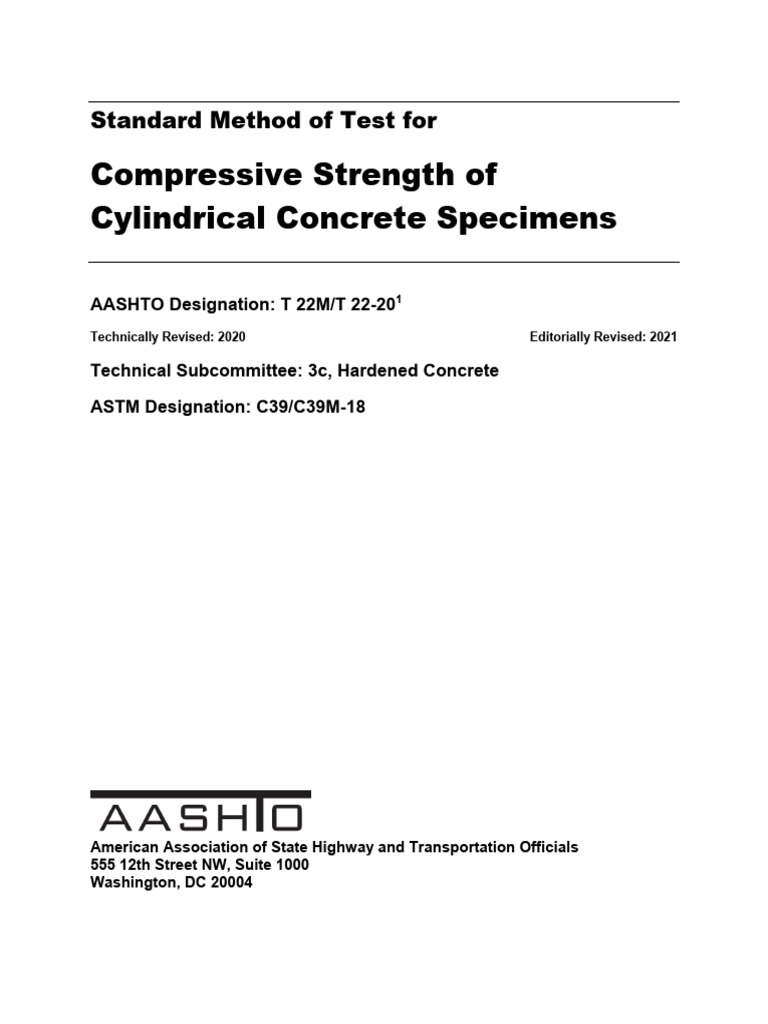 AASHTO T22M (2020) - Compressive Strength of Cylindrical Concrete ...