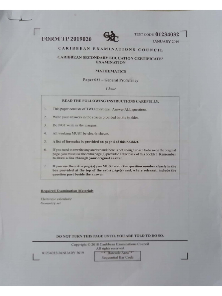 CSEC Maths Jan 2019 Paper 3 | PDF
