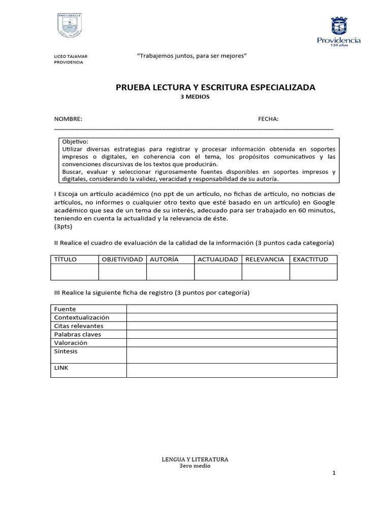 Prueba Lec y Esc | PDF