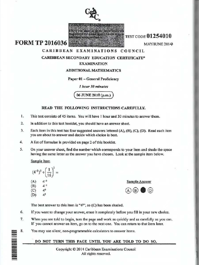 CSEC Add Maths June 2014 Paper 1 | PDF