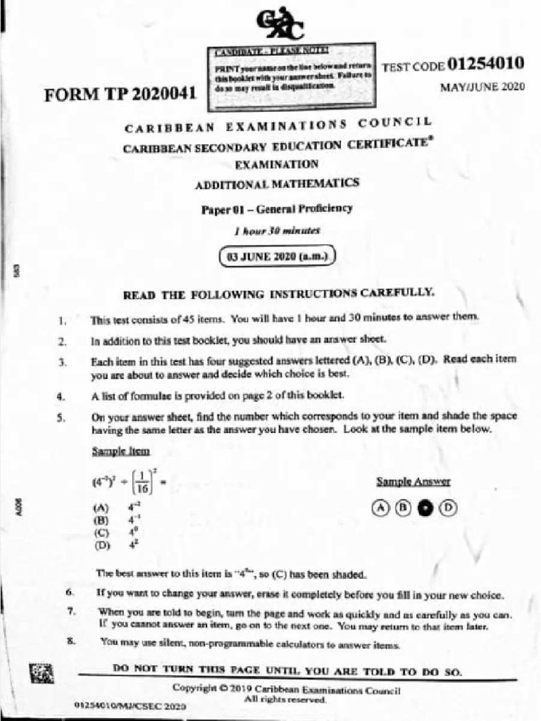 CSEC Add Maths June 2020 Paper 1 | PDF