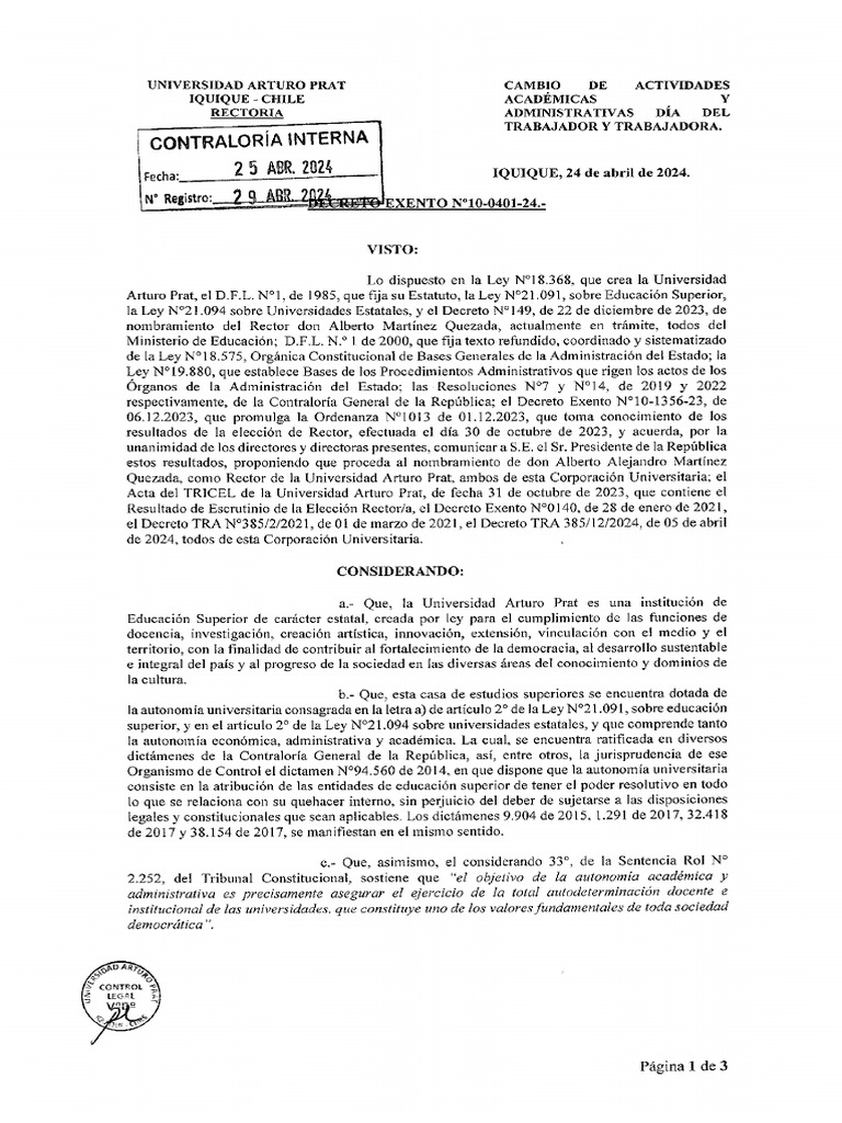 DE 0401 Cambio de Actividades Academicas y Administrativas, Dia Del Trabajador y Trabajadora | PDF
