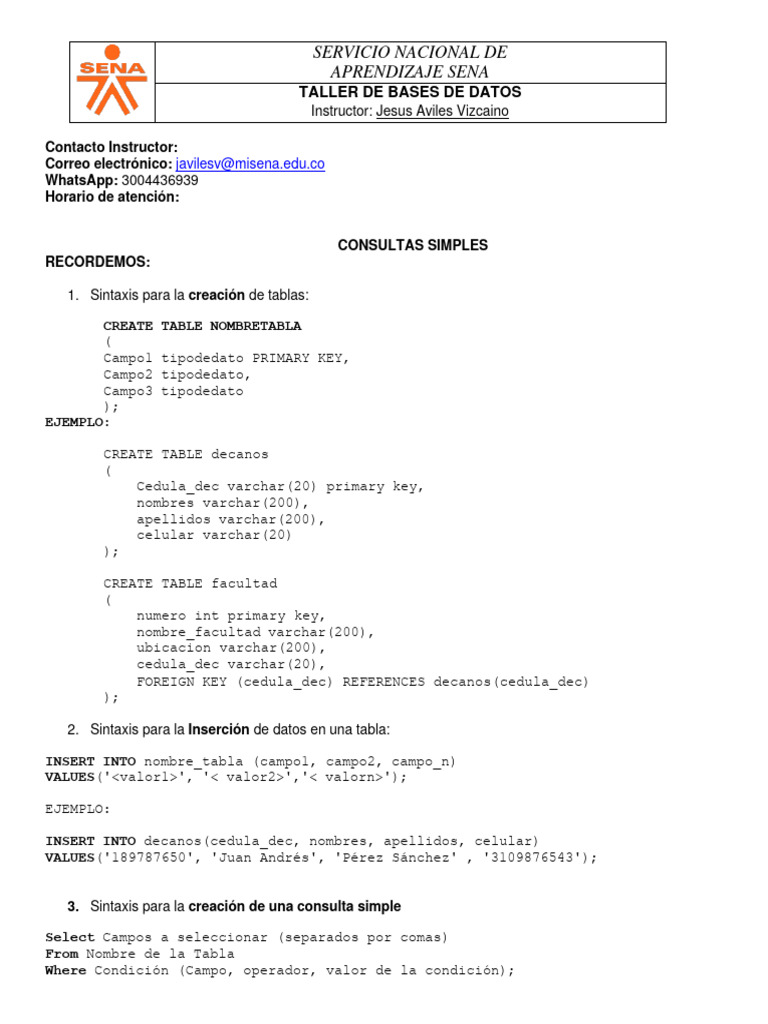 Taller SQL para Aprendices SENA | PDF | SQL | Datos de computadora
