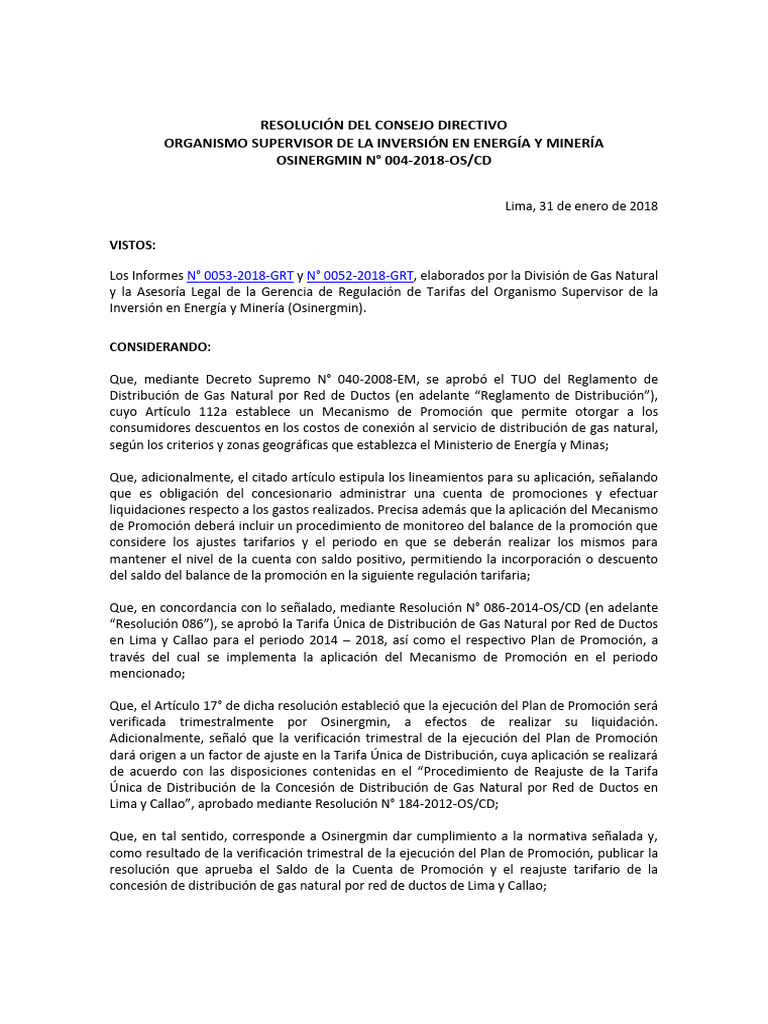 12 OSINERGMIN No.004-2018-OS-CD | PDF | Concesión (contrato) | Regulación