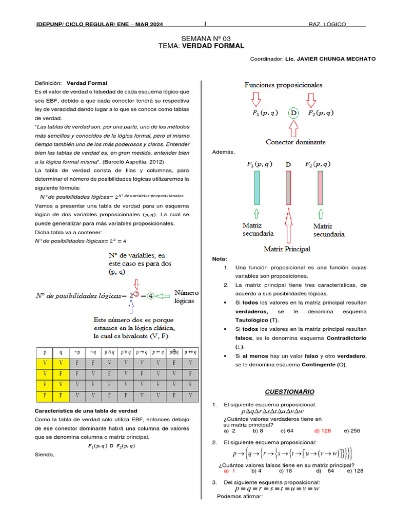 SEMANA #03 Verdad Formal Raz Logico Ciclo Enero-Marzo 2024 Idep Profesores | PDF | Proposición ...