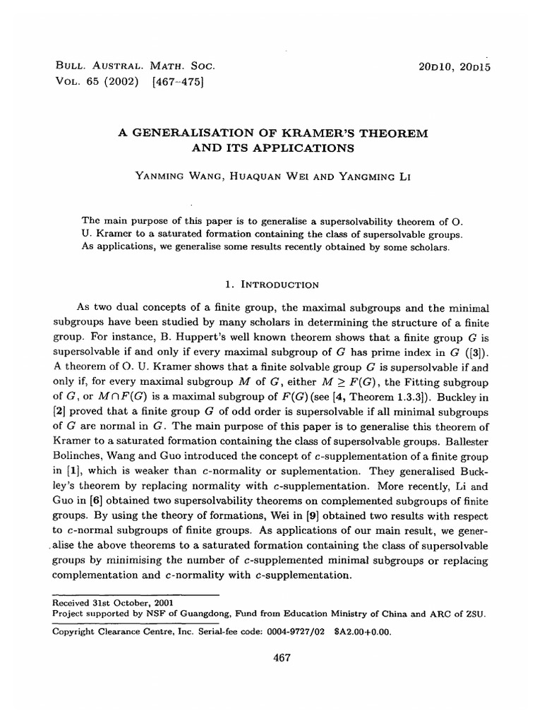 A Generalisation of Kramer's Theorem and Its Applications, Yanming Wang ...