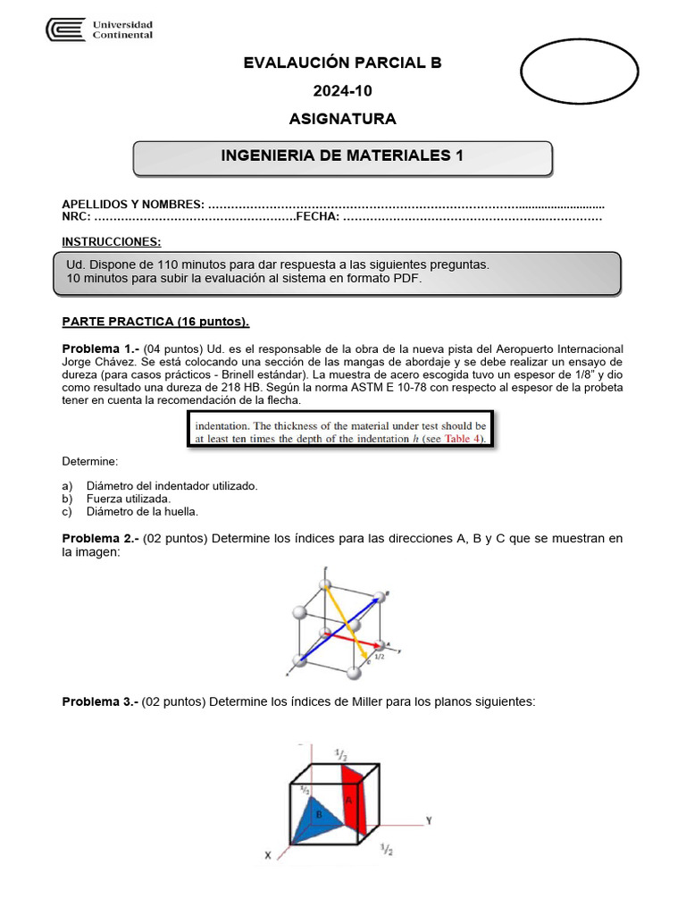 Evaluacion Parcial B 2024-10 Practica | PDF | Deformación (ingeniería) | Dureza