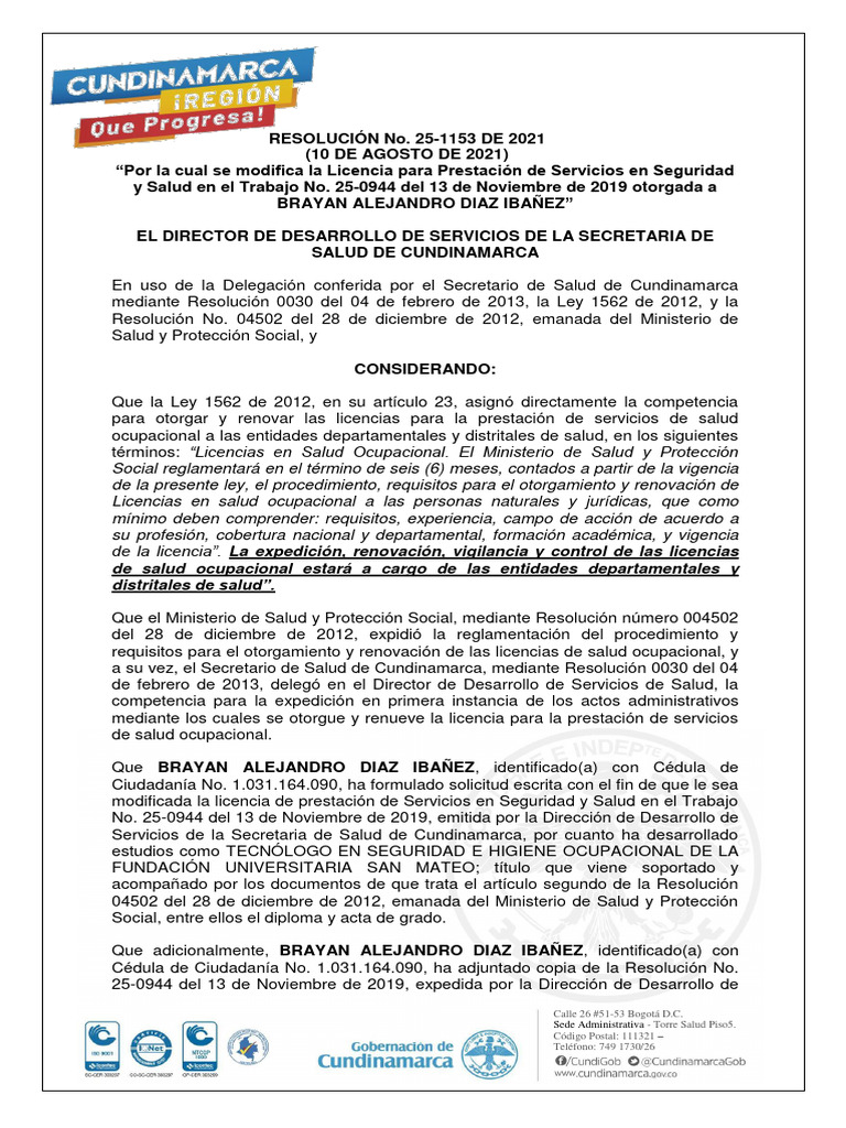 Res 1153 Brayan Alejandro Diaz Ibañez | PDF | Documento de identidad