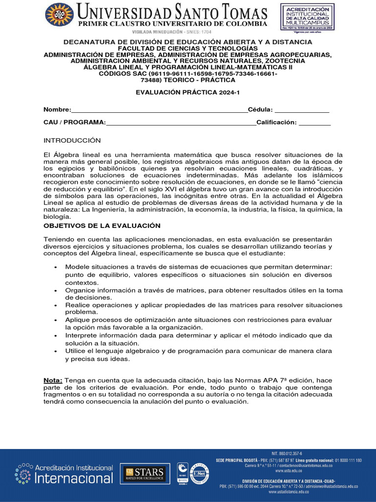 Eva. Practica-Alg. y Programacion Lineal 2024-1 | PDF | Álgebra | Ecuaciones