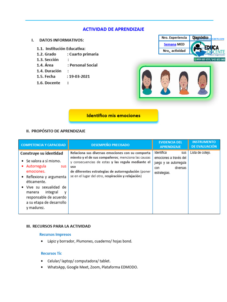 Act5 Diagnostico Exp Apren 4to Personal Social | PDF | Evaluación | Las emociones