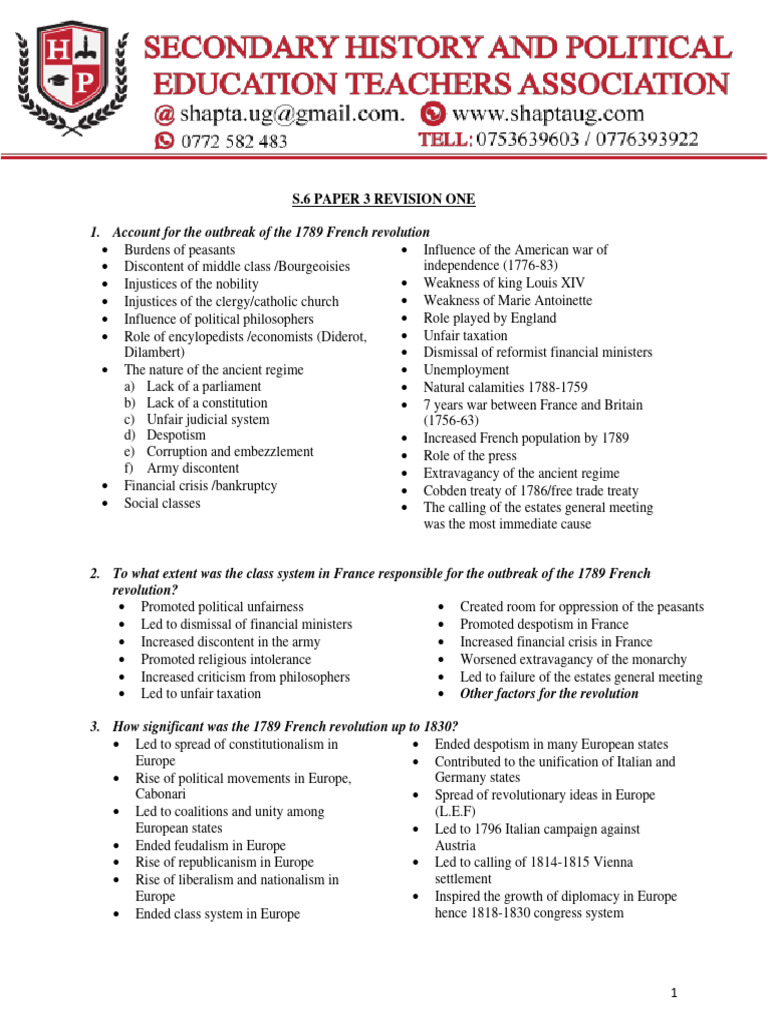 S6 Revision For European Hist 2024 | PDF | Napoleon | First French Empire