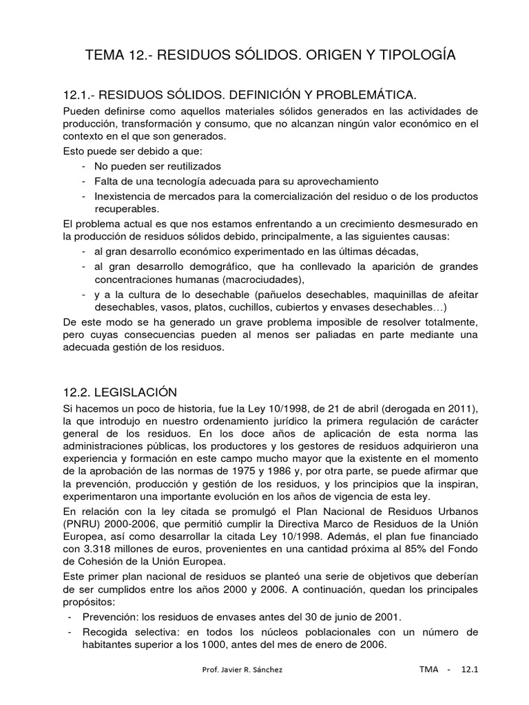 TEMA 12.- Caracterización residuos sólidos | PDF | Residuos | Reciclaje