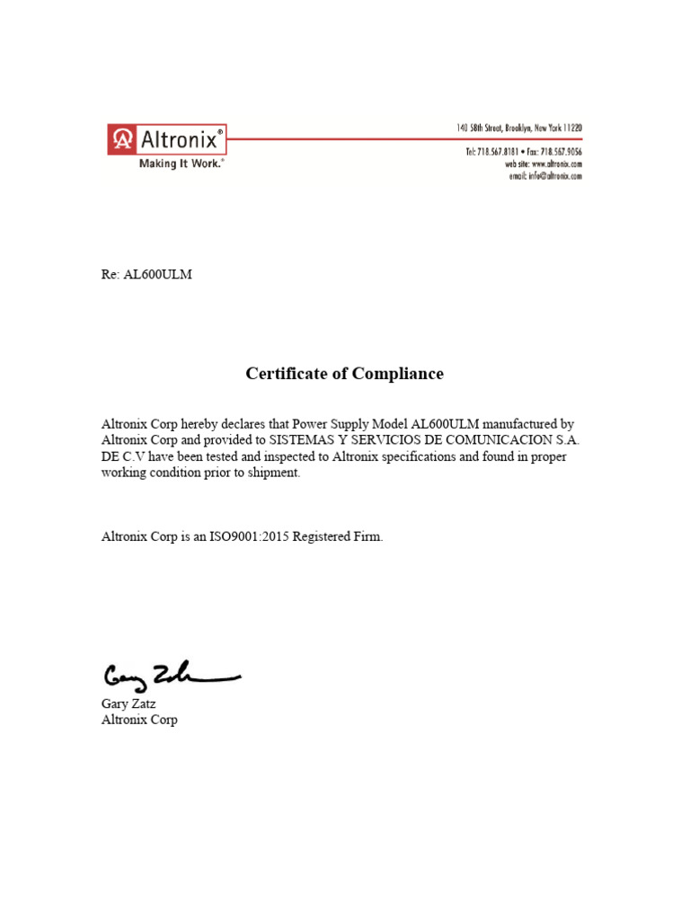 Compliance Certificate for AL600ULM | PDF