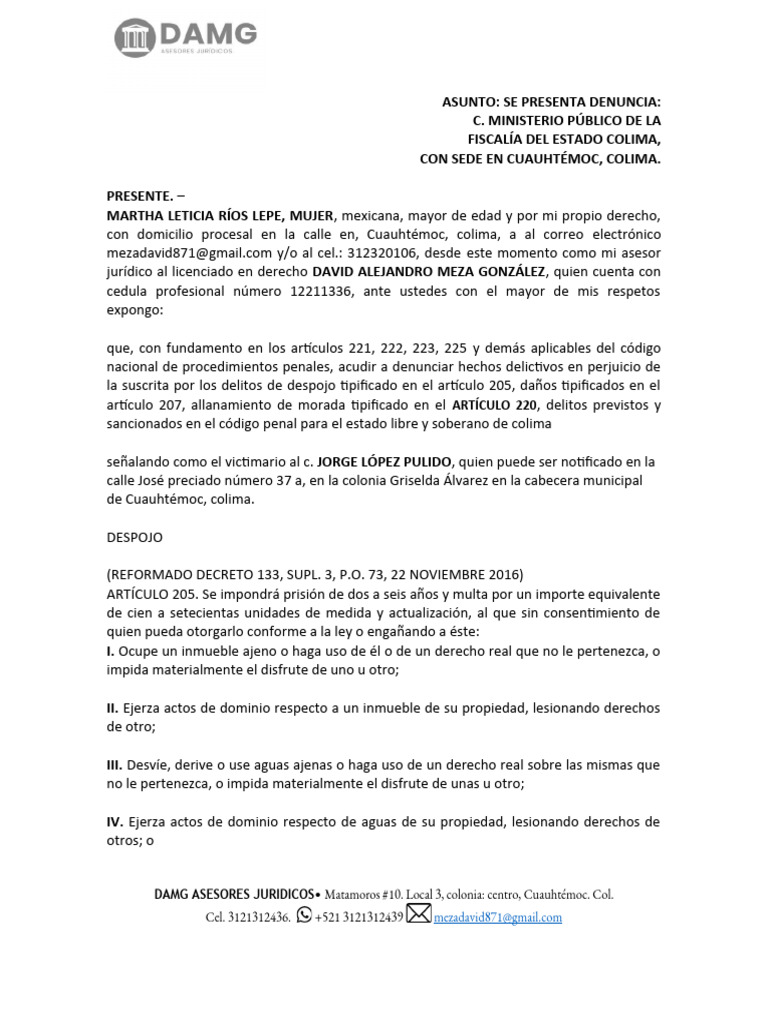 Denuncia por Despojo y Daños en Colima | PDF | Propiedad | Ley común