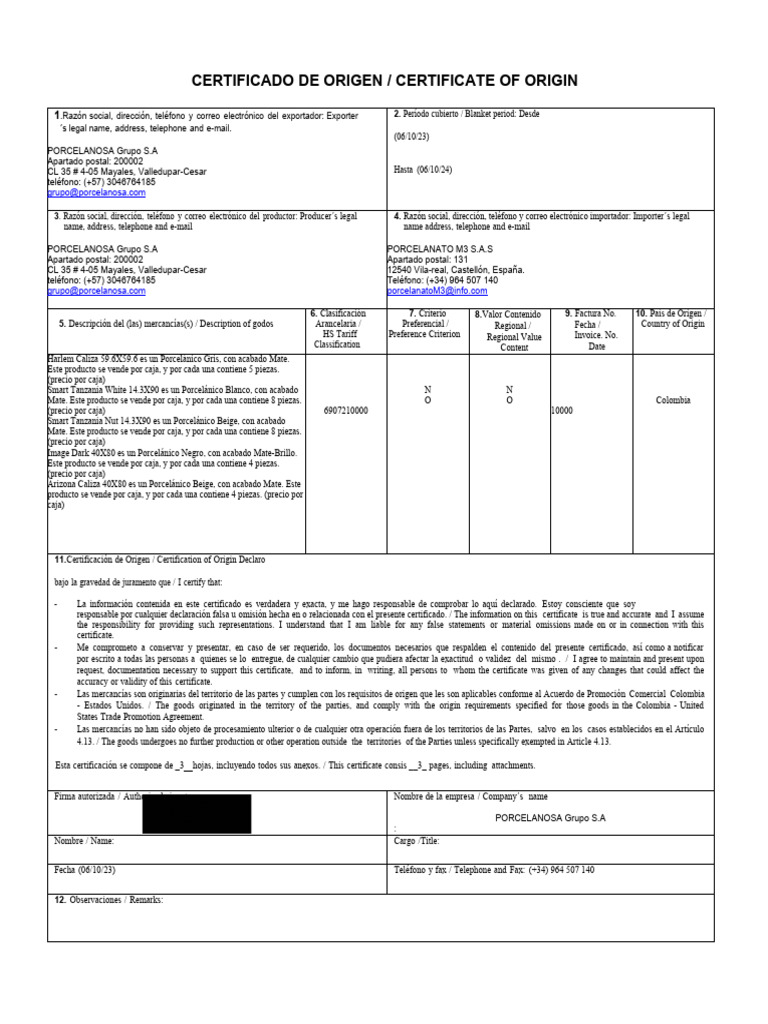Certificado de Origen Porcelanosa | PDF