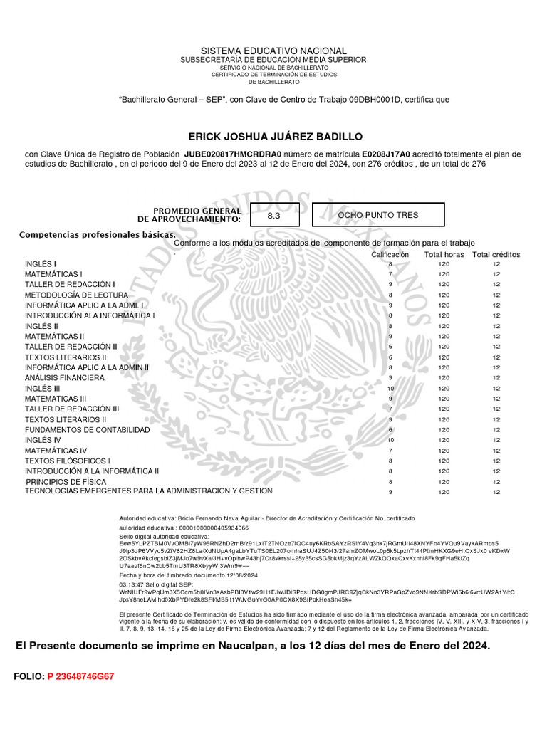 Certificado Bachillerato ERICK JOSHUA | PDF | Plan de estudios
