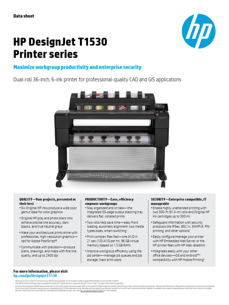 DesignJetT1530 DataSheet | PDF | Printer (Computing) | Wi Fi
