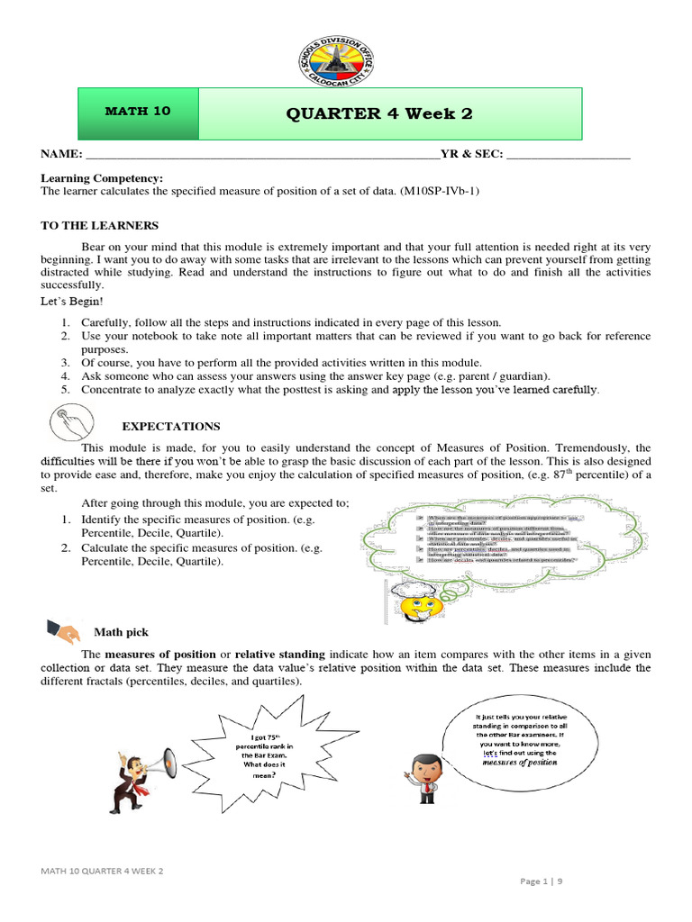 Math10 Q4 W2 | PDF | Percentile | Quartile