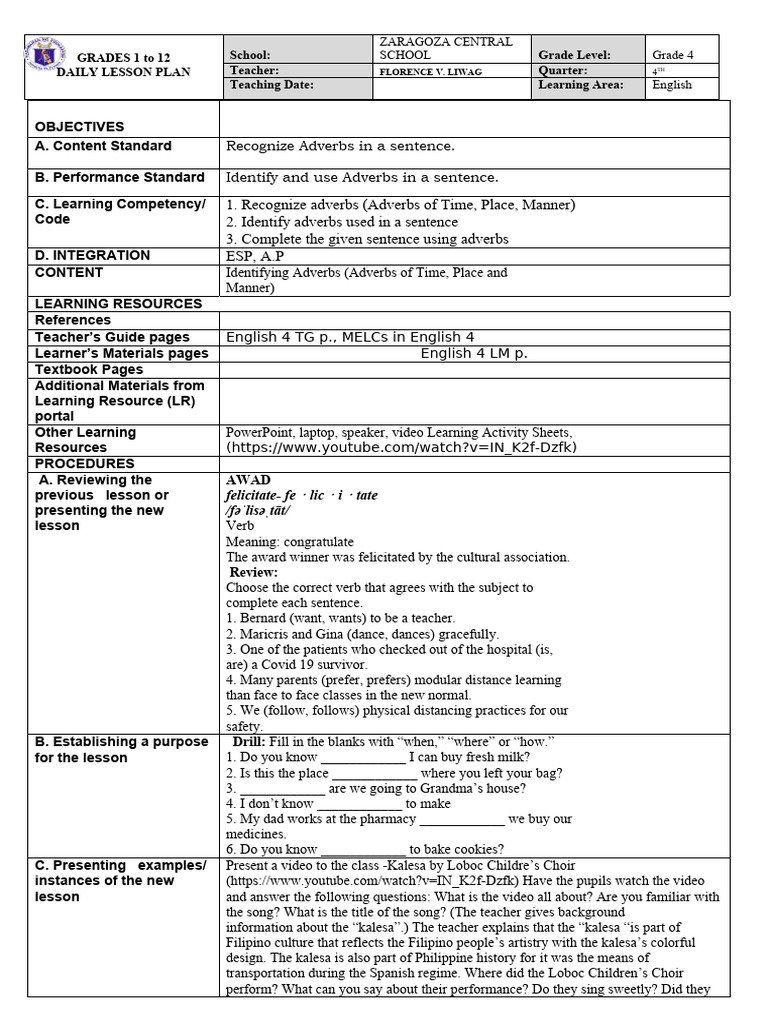 Maam Poyeng 4TH Quarter Cot | PDF | Adverb | Learning