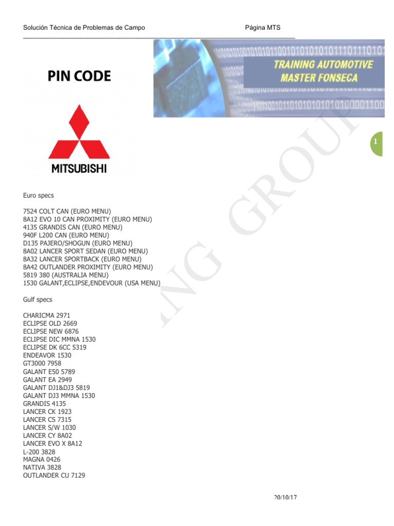 Pin Code Mitsubishi | PDF